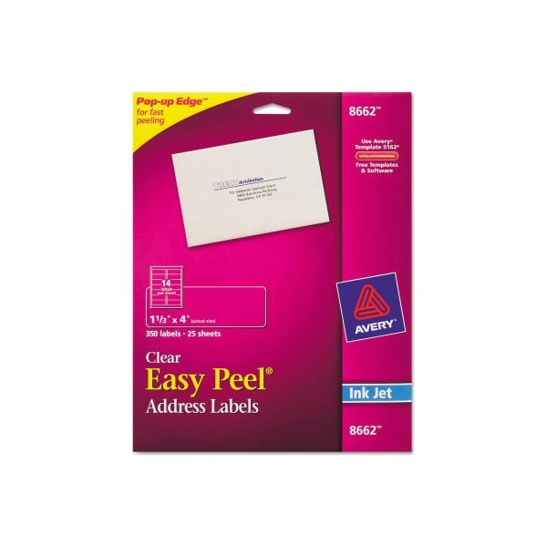 Avery Avery Easy Peel Inkjet Mailing Labels, 1-1/3 x 4, Clear, 350/Pack 8662 | Zoro